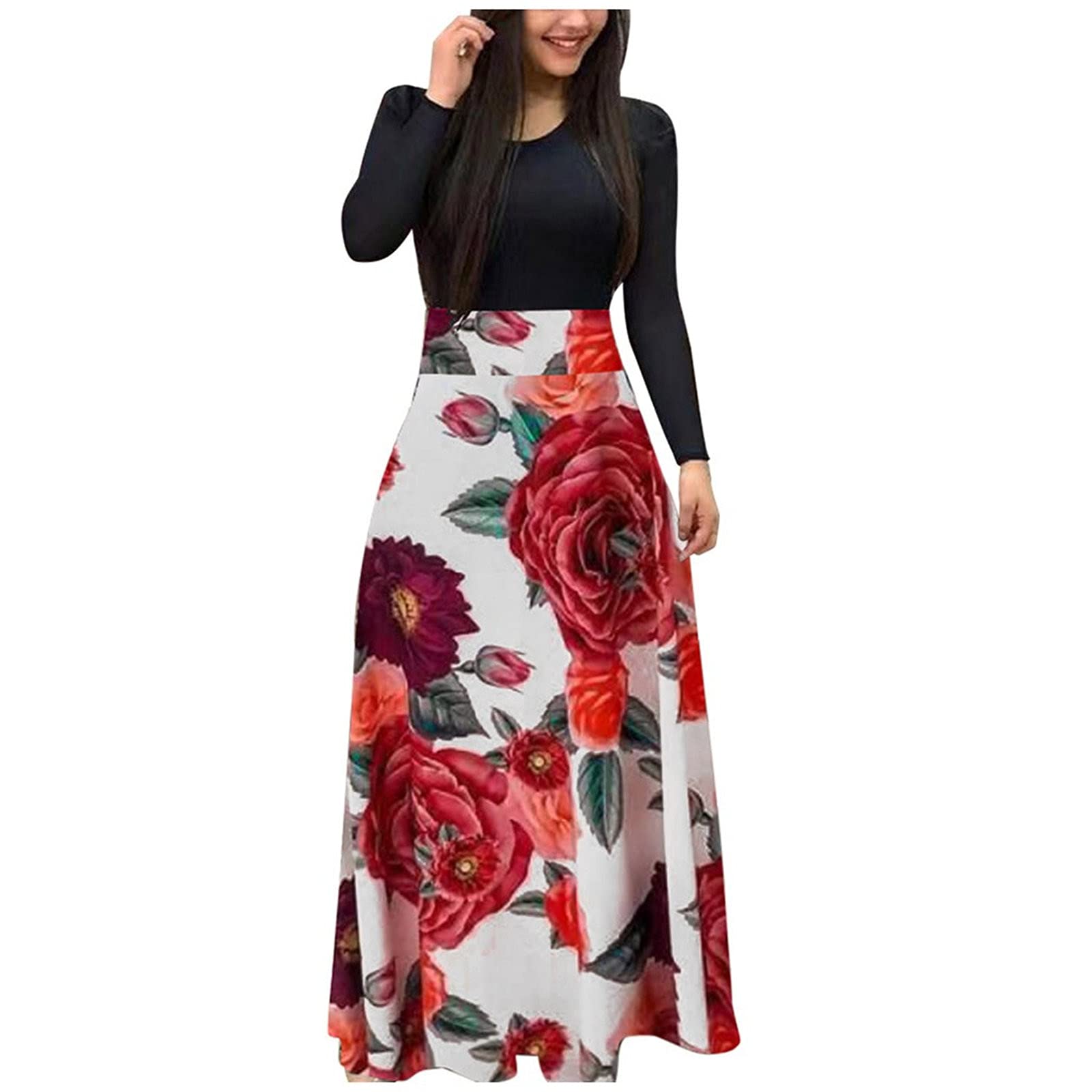 Keepfit Women's High Waist Maxi Dress Long Sleeve Scoop Neck T-Shirt Dress Pleated Pattern Patchwork Long Dress Wine