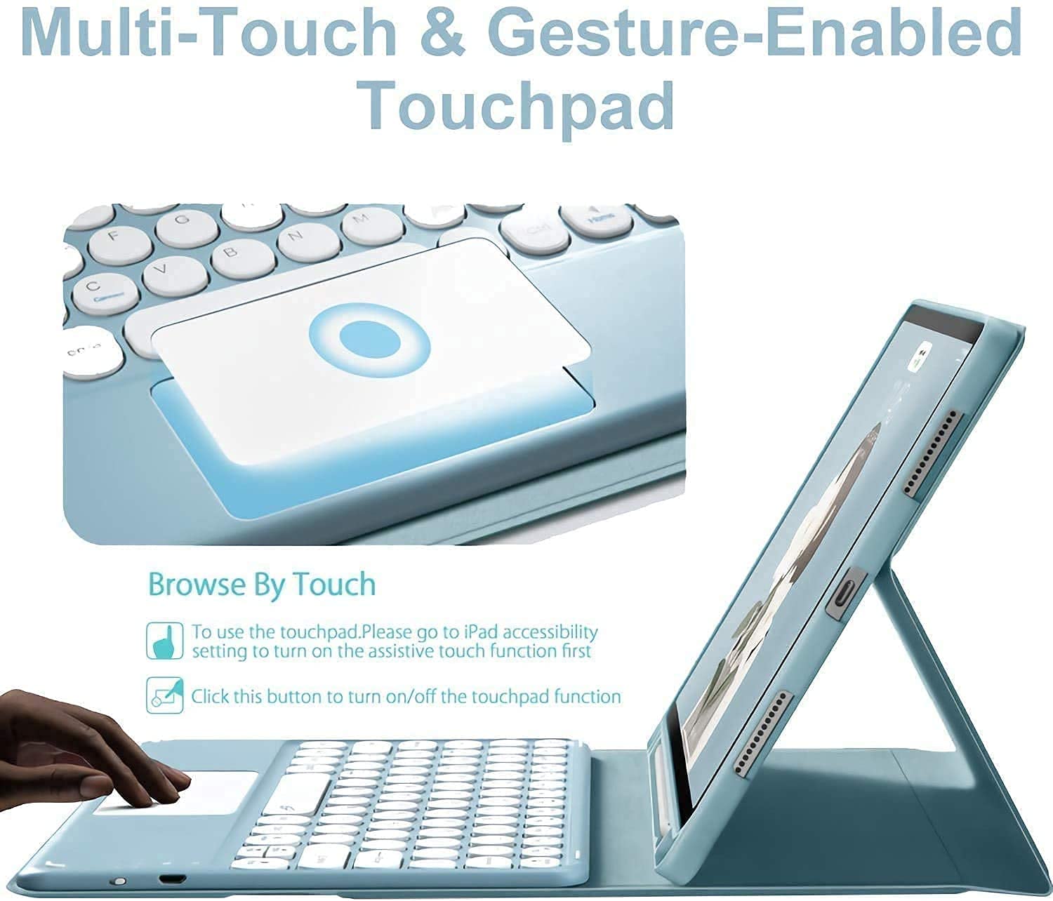 QIYIBOCASE Trackpad Keyboard case for iPad 10th Generation 2022, Folio Smart Cover with Pencil Holder, Round Key Magnetically Detachable Touchpad Keyboard for 10.9 inch iPad 10 (Blue)