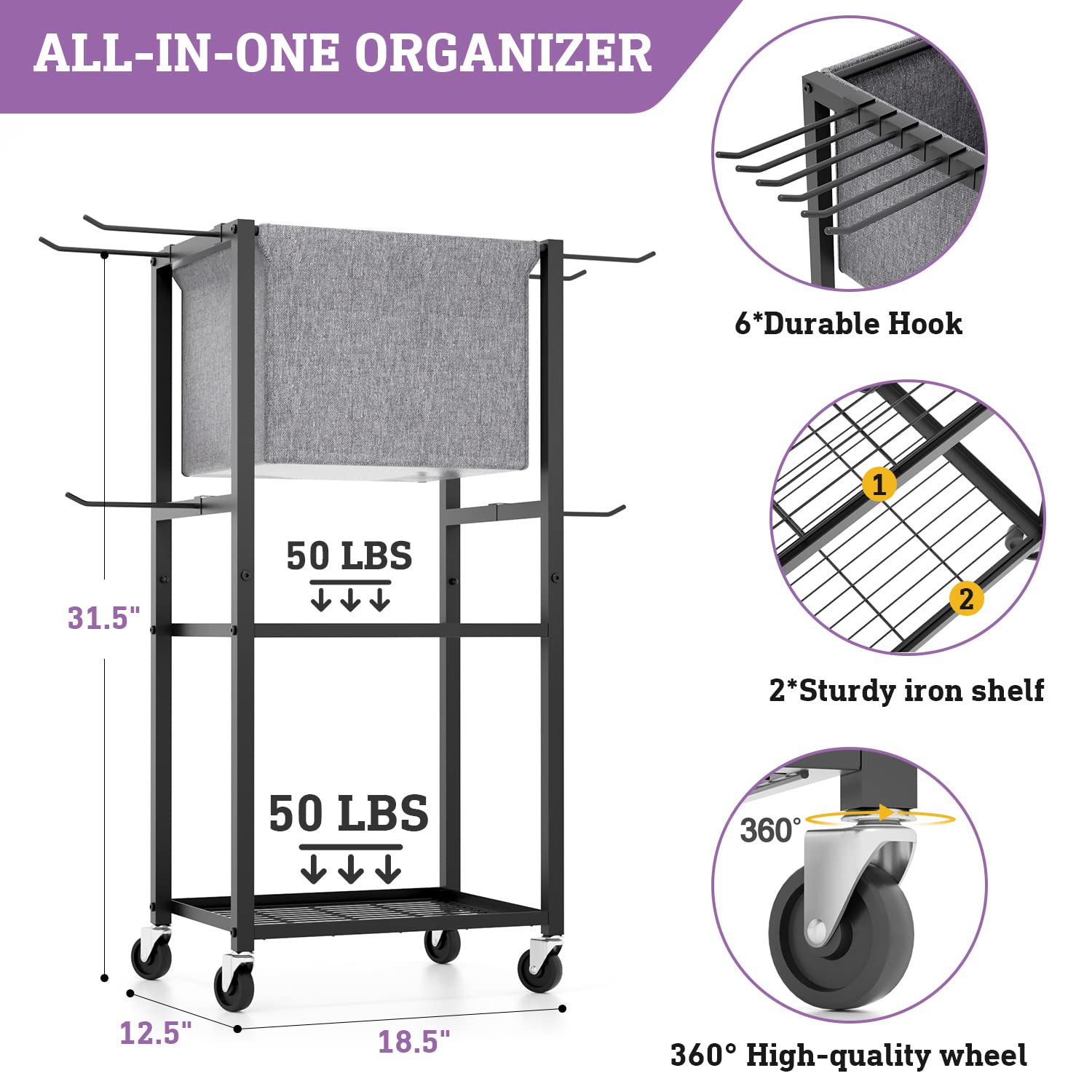 Home Gym Storage Organizer Yoga Mat Storage Workout Storage Organizer,Home Gym Storage Exercise Rack Gym Accessories with Hooks and Wheels