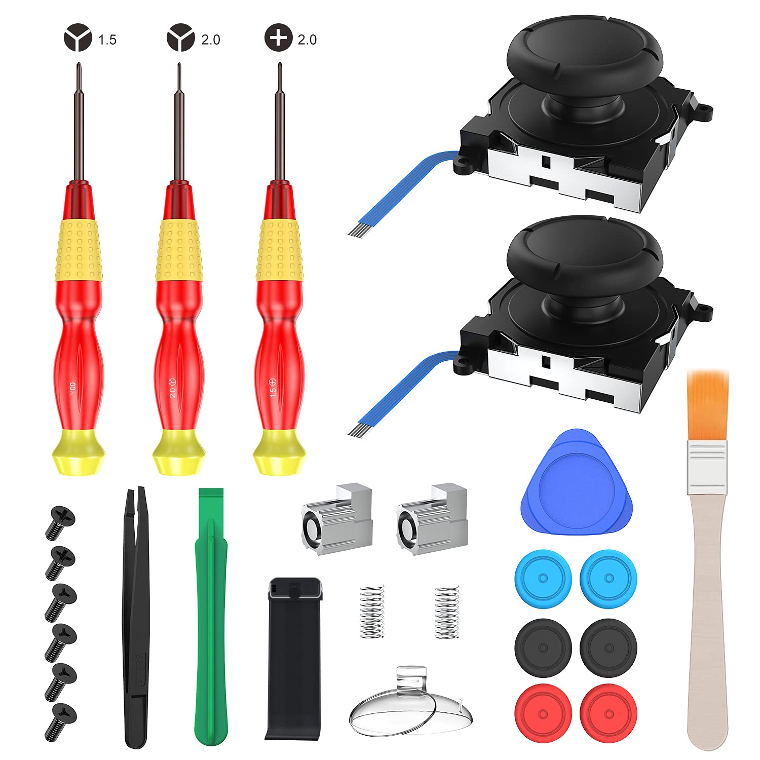 innoAura Joycon Joystick Replacement, 27 in 1 Repair Tool Kit with 2-Pack 3D Analog Stick, 2 Metal Buckles,3 Screwdrivers, Back Shell Kickstand, Pry Tools for Joycon/NS Switch/Switch Lite