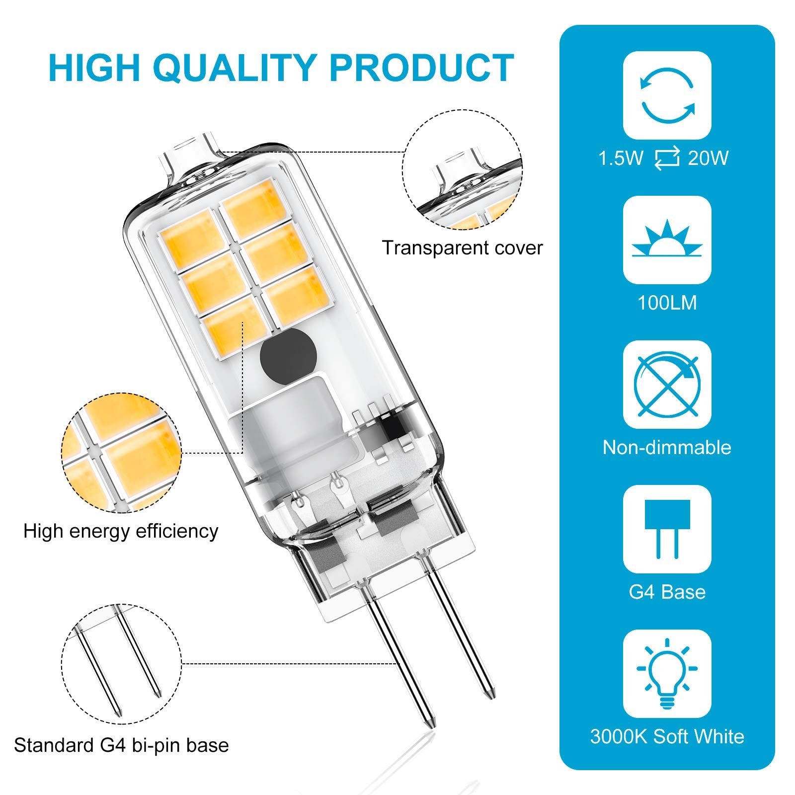 JandCase G4 LED Bulb, AC/DC 12V, 1.5W (20W Halogen Bulb Replacement), JC Type Landscape Bulb, Soft White 3000K, G4 Bi-Pin Light Bulbs for Under Cabinet, Range Hood, RV, Non-Dimmable, 5 Pack