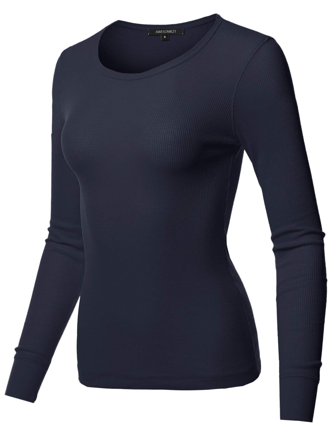 Made by Emma Casual Solid Basic Crew Neck Long Sleeves Thermal Top Navy S