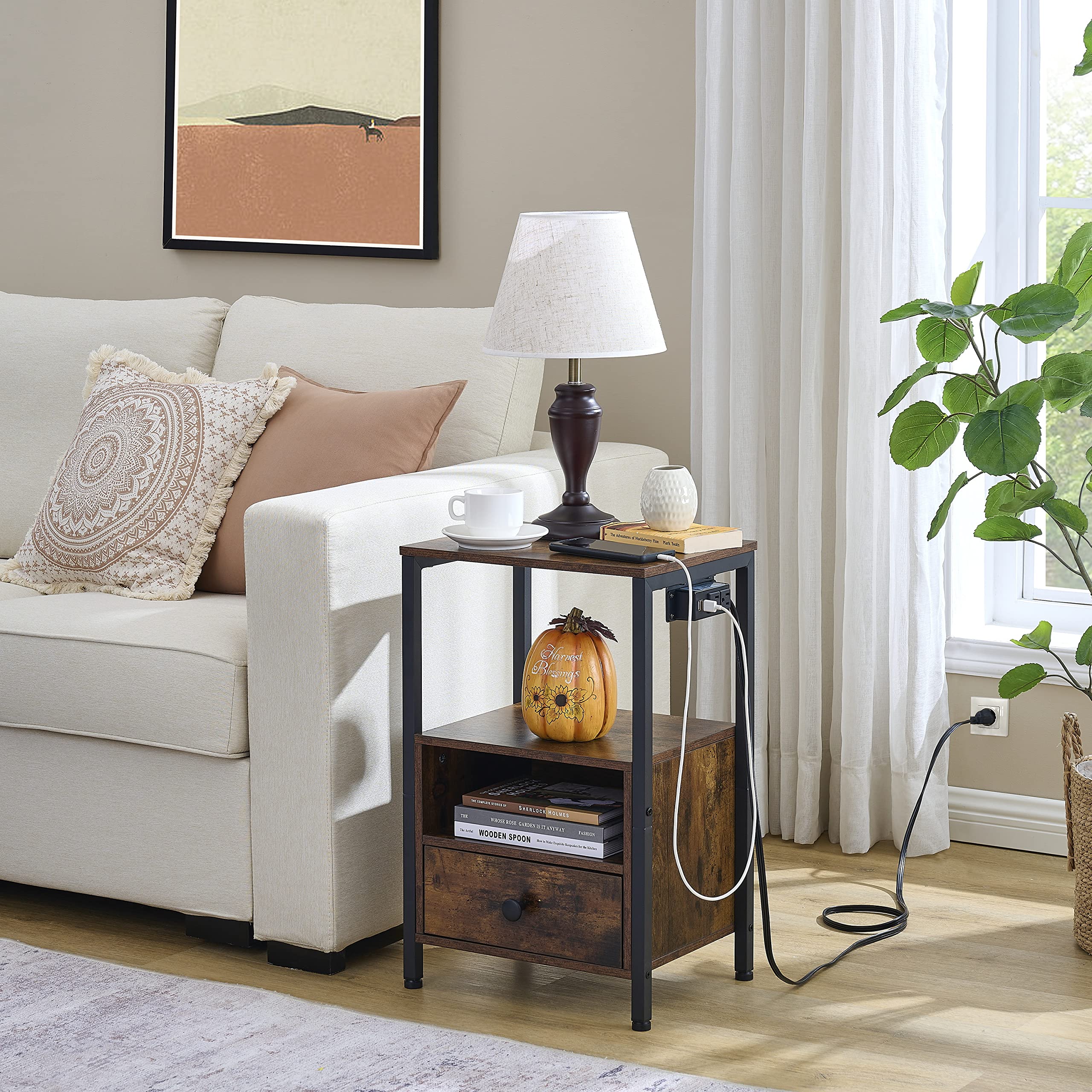 Hoctieon Nightstand with Charging Station, Night Stand with Drawers and Open Storage Shelf, End Table with USB Ports and Outlets, Bedside Table for Small Spaces, Rustic Brown