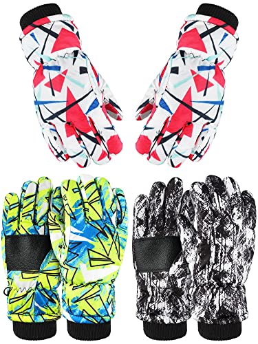 Hicarer 3 Pairs Kids Waterproof Gloves Winter Warm Snow Gloves Boys Girls Ski Gloves Windproof for Cold Weather (Cool Style, 8-11 Years)