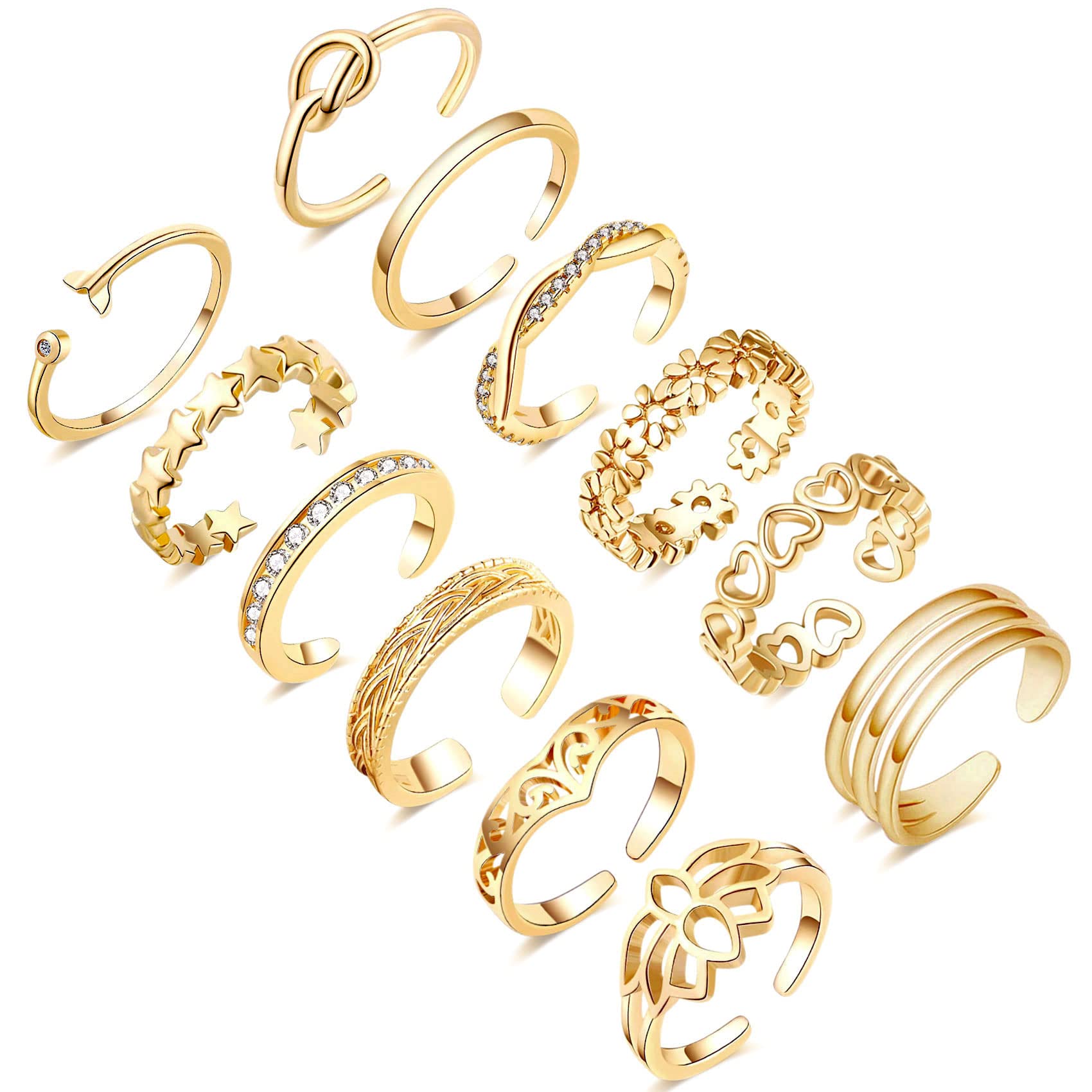 Honsny 12PCS 14K Gold/Silver Plated Toe Rings for Women Adjustable Band Rings Open Flower CZ Toe Ring Set Beach Foot Jewelry