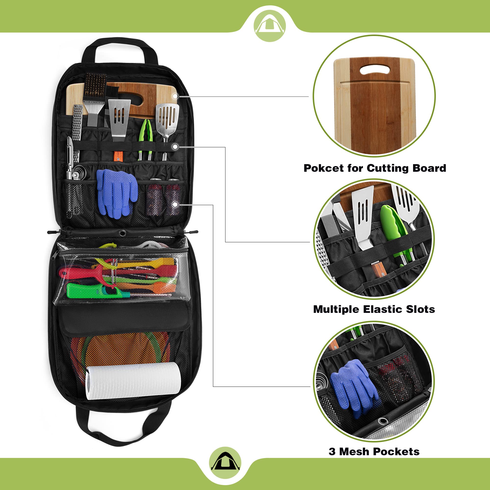 HODRANT Hanging Camp Utensil Organizer with Towel Paper Holder, Portable Camping Kitchen Cookware Bag for Knives, Forks, Spoons & More, Outdoor Cooking Tools Storage Box for Travel & Hiking, Bag Only
