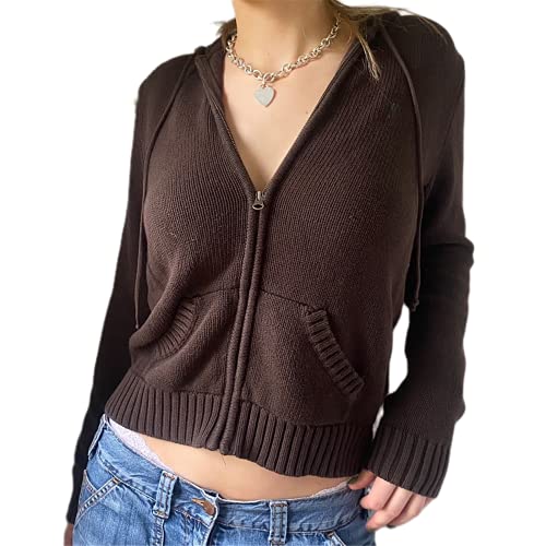 Yuemengxuan Women Zip Up Hoodie Y2k Vintage Long Sleeve Knitted Sweatshirt 90s Solid Color crop top Coat Jacket Streetwear (Brown, M)