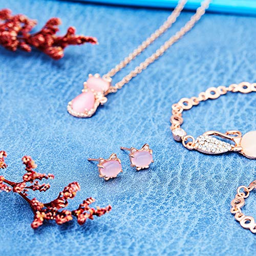 Hicarer 3 Pieces Cat Jewelry Set Cat Necklace Cat Bracelet Earring Pink Opal Pendant for Women Christmas Gift
