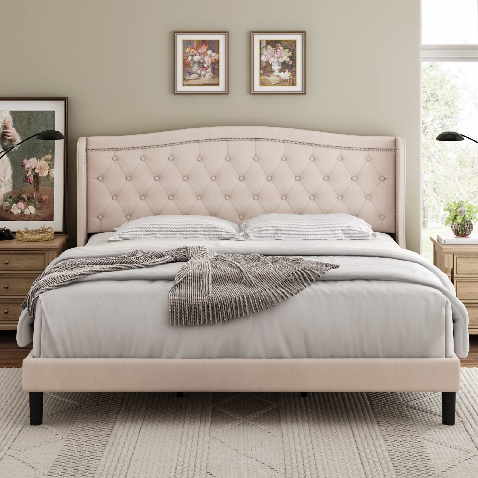 HOSTACK Full Size Bed Frame, Modern Upholstered Platform Bed with Wingback Headboard, Heavy Duty Button Tufted Bed Frame with Wood Slat Support, Easy Assembly, No Box Spring Needed(Black, Full)