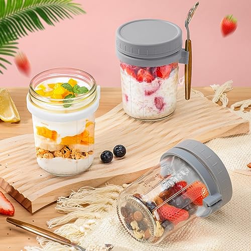 Tekuve 4 Pack Overnight Oats Containers with Lids and Spoon, 16 oz Glass Mason Jars with Airtight Lid for Overnight Oats Meal Prep Chia Yogurt Salad Fruit Gray White