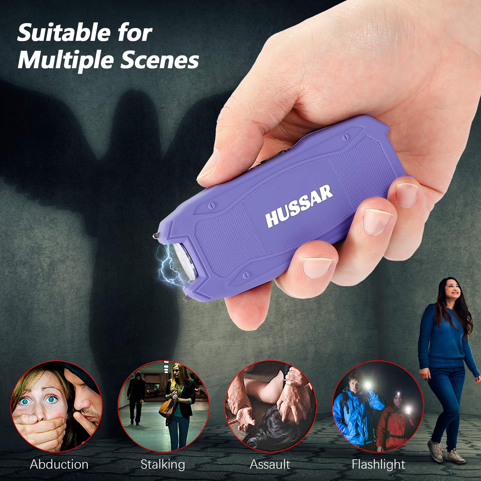 Hussar Stun Gun for Self-Defense, Rechargeable with LED Flashlight, Powerful 1.60 µC Charge with Safety Switch, Battery Indicator and Belt Holster