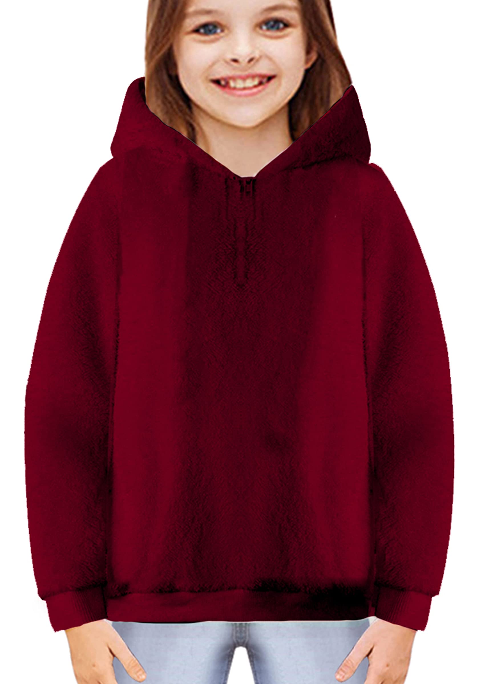 HMBEIXYP Girl's Polar Fleece Sherpa Pullover Fuzzy Fleece Sweatshirt Hoodie with Pockets Wine 130CM