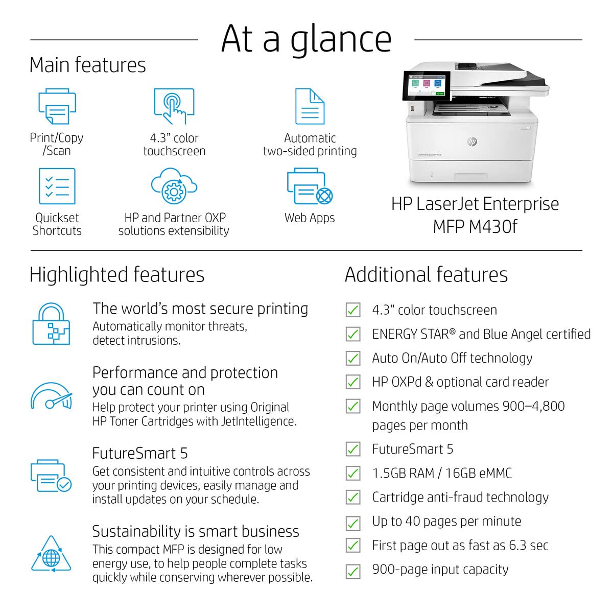 HP Laserjet Enterprise MFP M430f All-in-One Wired Monochrome Laser Printer, White - Print Scan Copy Fax - 4.3" LCD, 40 ppm, Auto Duplex Printing, 50-Sheet ADF, Ethernet (Renewed)