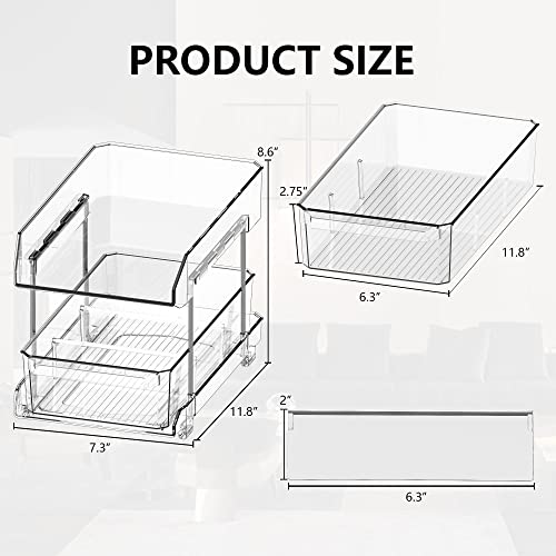 Hourleey 2 Tier Pantry Organizers and Storage, 2 Pack Clear Pull Out Kitchen Organizer and Storage with Dividers for Under Sink, Bathroom, Medicine, Cabinet, Closet Organizer