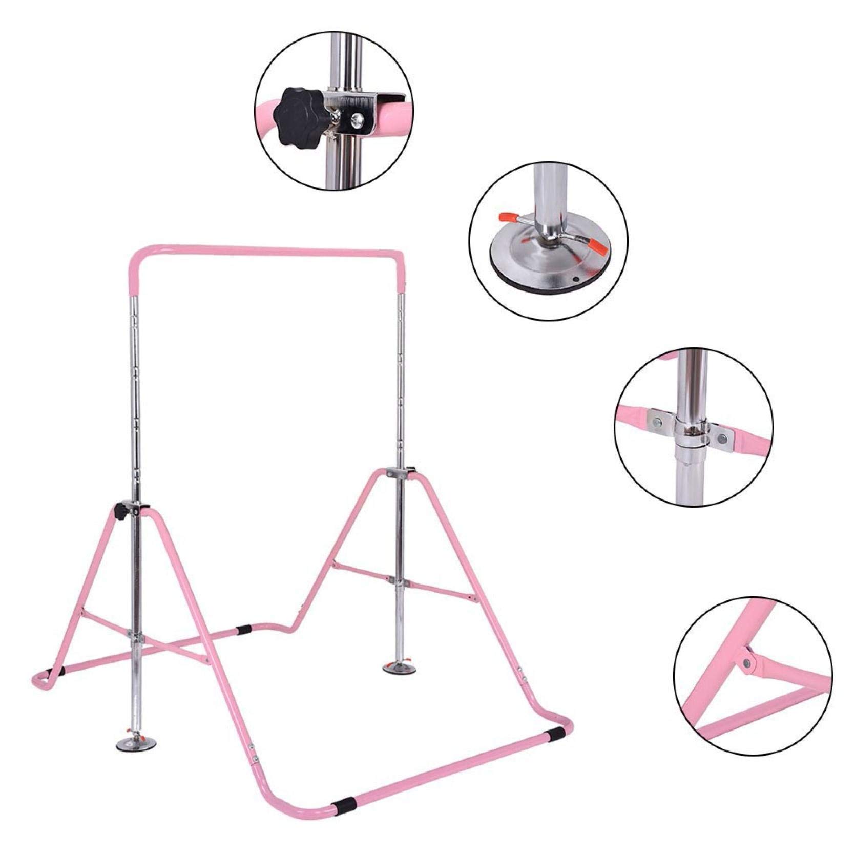 INUDIO Auvem Gymnastics Horizontal Bar - Kids Training Expandable Gymnastic, Expandable Bars, Adjustable Height Horizontal Bars, Junior Training Bar Children Folding Training Monkey Bars (Pink)