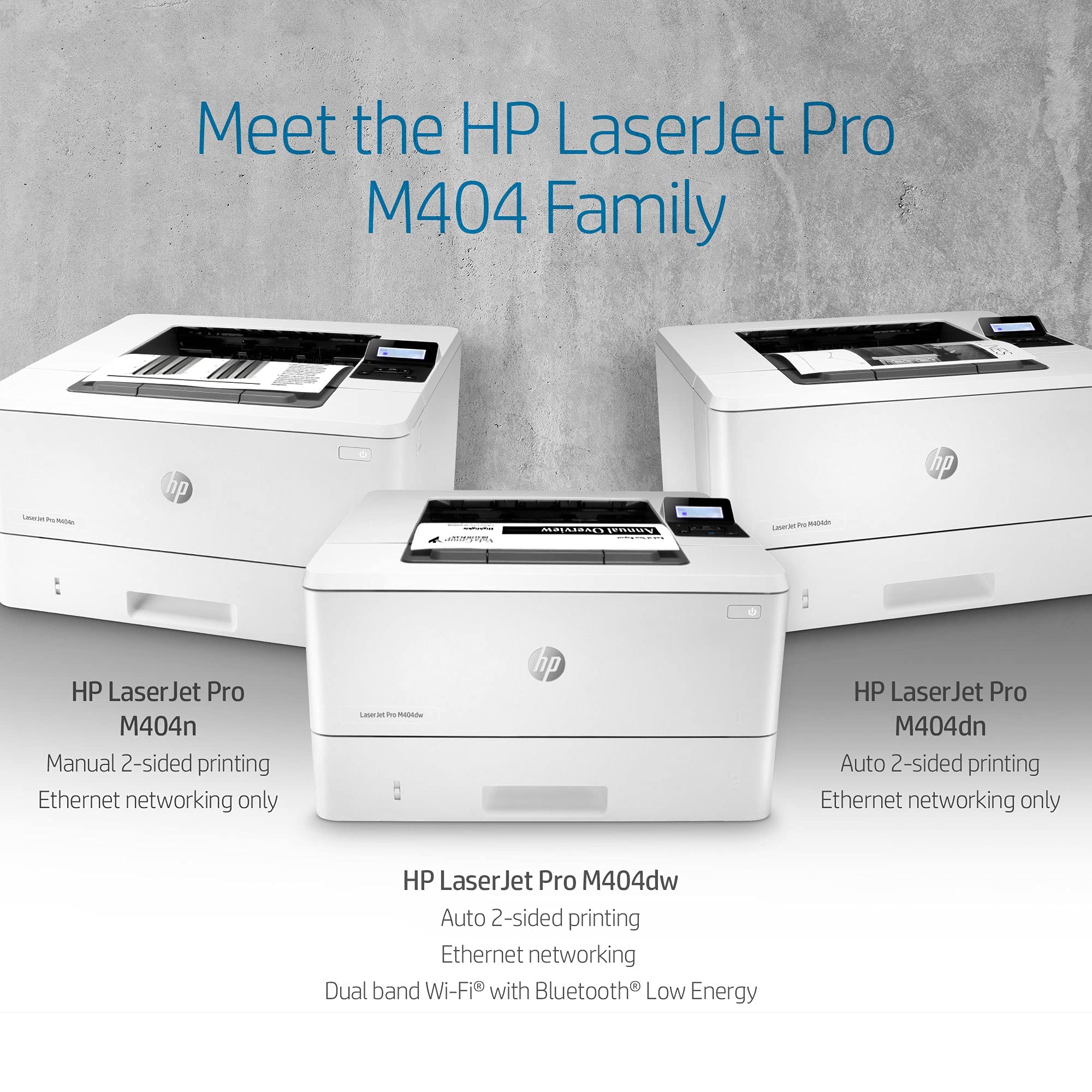 HP Laserjet Pro M404dw Wireless Black and White Monochrome Laser Printer with Built-in Ethernet, White - Print only - 2-line LCD Display, 40 ppm, 1200 x 1200 dpi, Auto 2-Sided Printing, 8.5 x 14