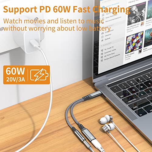 USB C to 3.5mm Headphone and Charger Adapter, USB C PD 60W 2-in-1 USB C to AUX Mic Jack with Fast Charging Dongle Cable,Compatible with Samsung Galaxy S23 S22 S21 S20 Ultra Note 20 S10 S9,iPad Pro