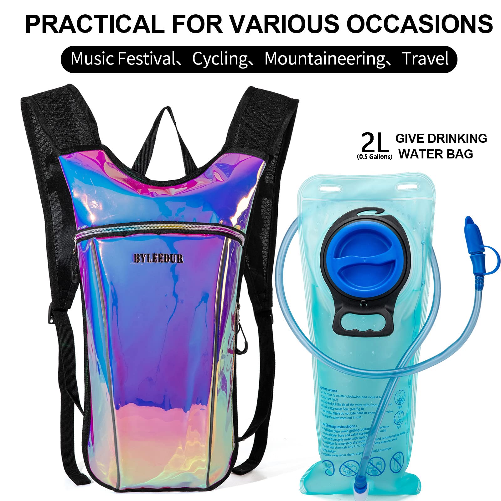 Hydration Backpack with 2L Water Bladder for Men & Women Suitable for Festivals, Raves, Hiking, Biking, Climbing, Running, Outdoors and More (Holographic - Purple)