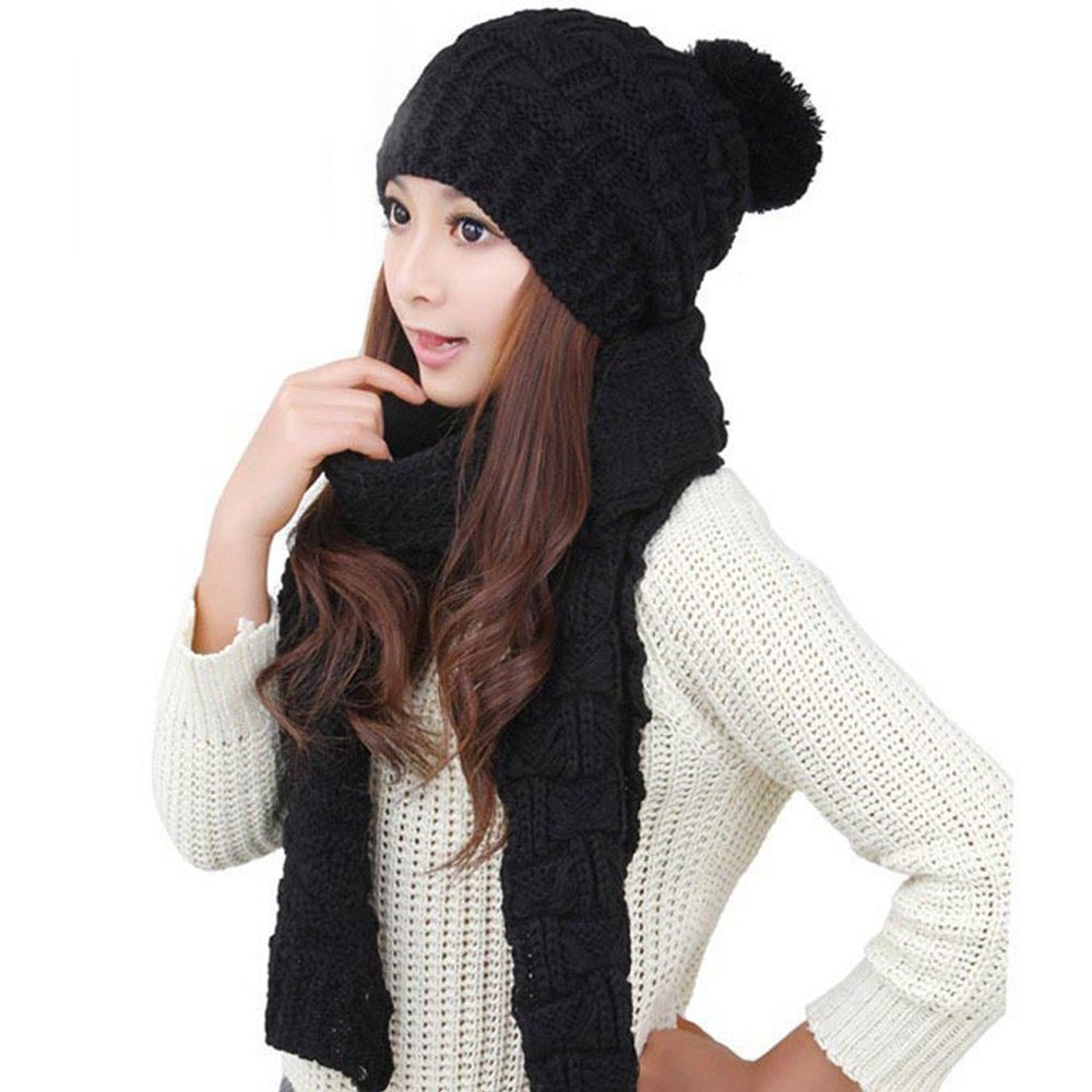 HANERDUN Women Girls Fashion Winter Warm Knitted Hat Beanie Hat Scarf Set