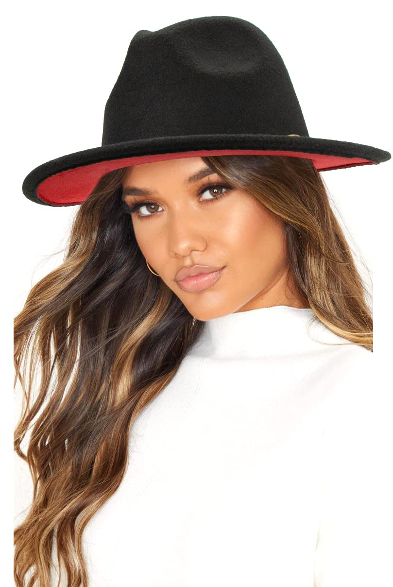 INOGIH Black Red Bottom Fedora-Hat-for-Women and Men Wide-Brim Patchwork Two-Tone Panama-Hats with Belt