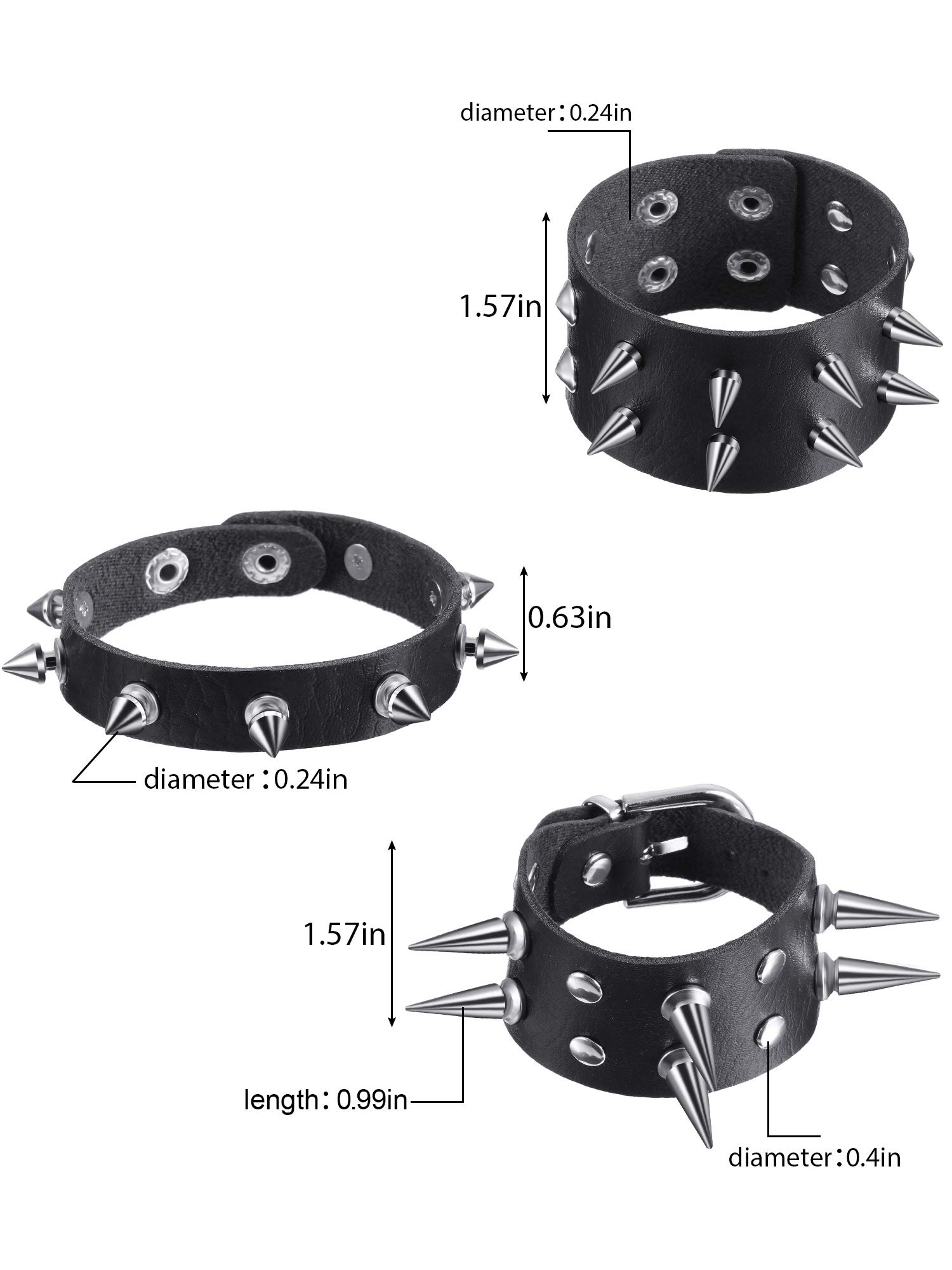 Hicarer 9 Pieces Spiked Studded Bracelet Black Leather Rivet Punk Bracelet Cuff Wrap Bangle Snap Button Metal Wristband for Men Women (Classic Style)