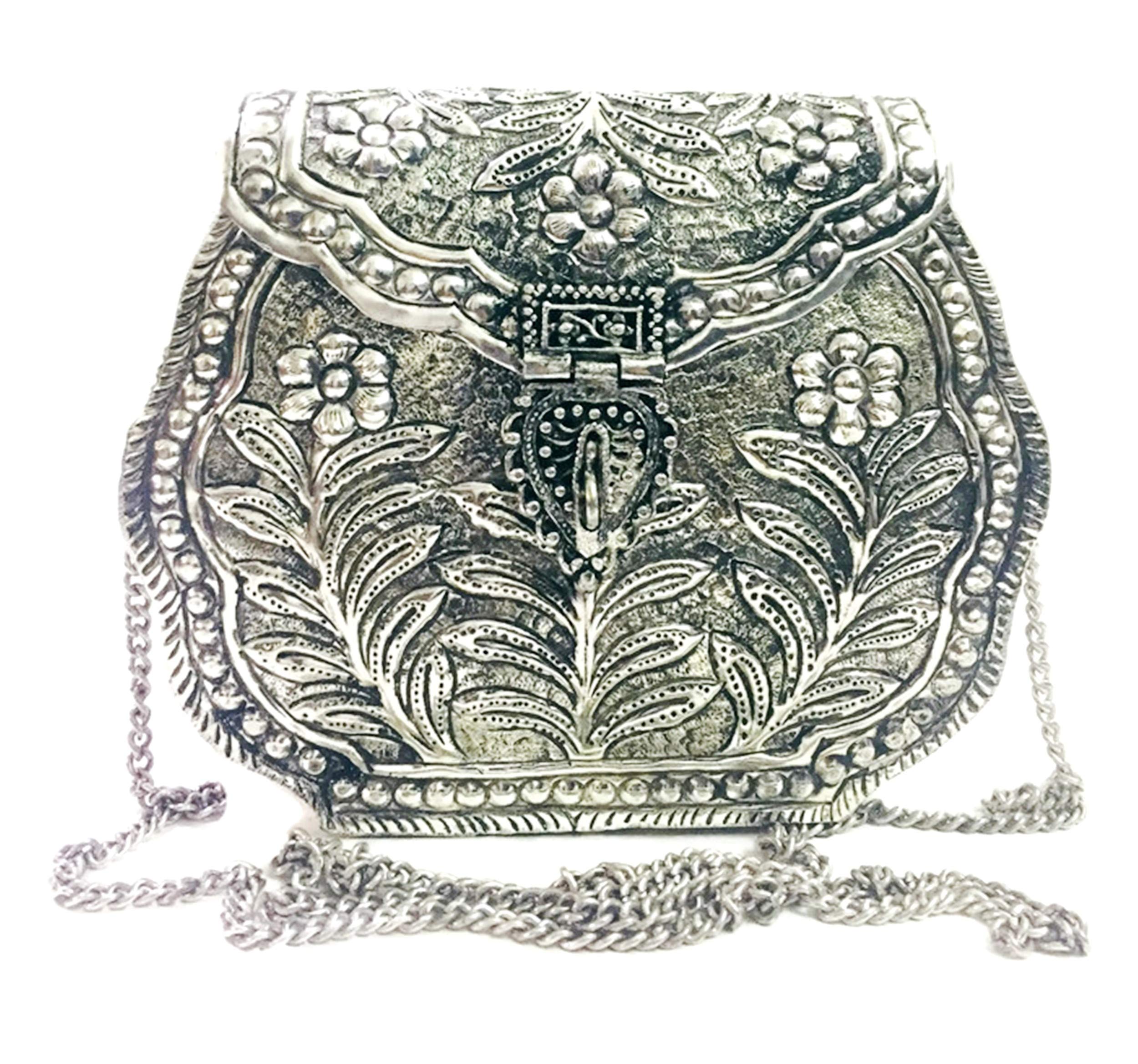Indian Vintage Brass silver clutch Purse antique Ethnic Handmade Women metal white wallet