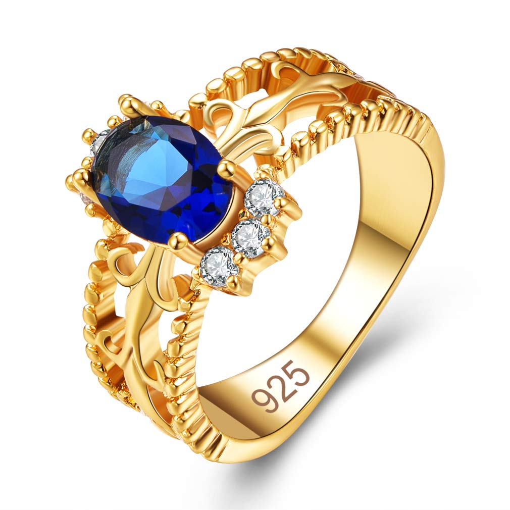 Honghu 18K Gold Plated Oval Shape Gemstone Chunky Vintage Queen Dainty Ring Cocktail Retro Statement Royal Blue #8