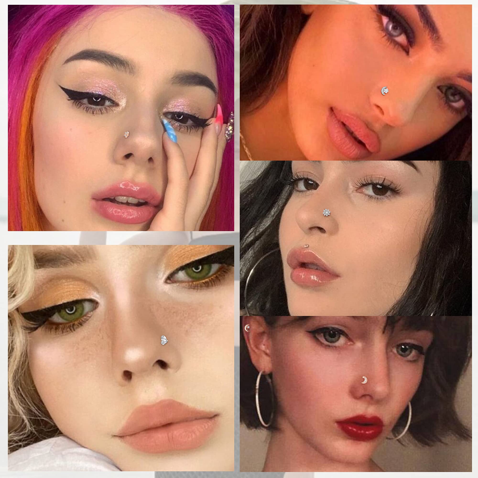 IRONBOX 8Pcs 20G Stainless Steel Nose Rings Stud Moon Star L Shaped Nose Rings Snowflake Nose Stud Screw Nose Rings Flower Nose Stud For Women Men
