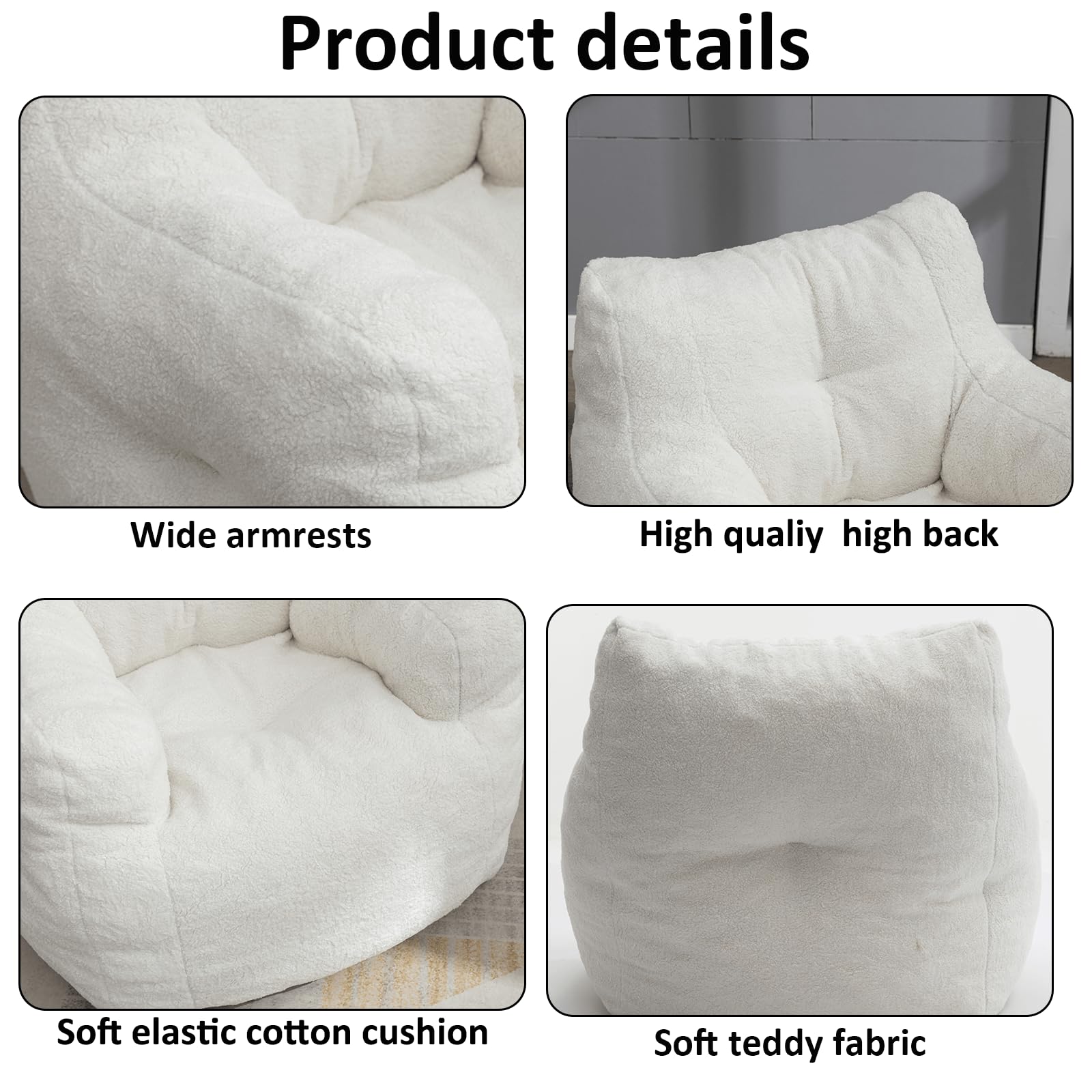 Hison Bean Bag Chairs for Adults and Kid Teddy Fabric Fluffy and Lazy Sofa Filled with Memory Sponge BeanBag Sofa with Armrests for Living Room,Bedroom(White)