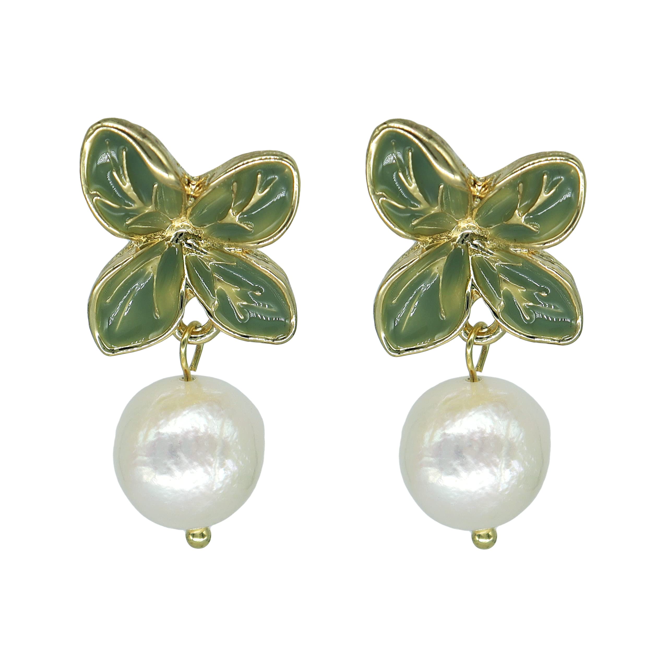 JeanBeau Enamel Green Four Leaf Stud Pearl Dangle Earrings for women Cute Dainty Wrinkled Kasumi White Freshwater Pearl Drop Dangling Spring Formal Jewelry Gift