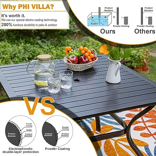 PHI VILLA 37" Patio Table for 4, Metal Outdoor Dining Table with E-Coating, Square Steel Slated Outdoor Table with 1.57" Umbrella Hole for Garden Backyard, Black