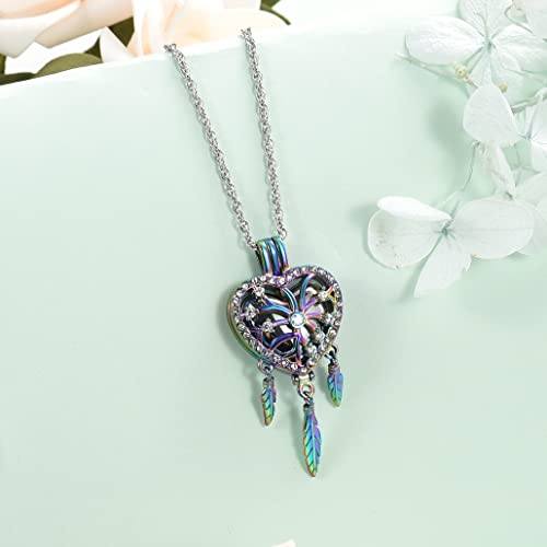 shajwo Cremation Jewelry Dream Catcher Heart Urn Necklace for Ashes for Women Men Keepsake Memorial Hollow Pendant,Rainbow-Silver