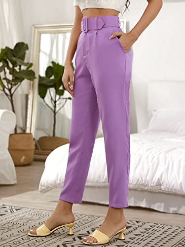 SweatyRocks Women's High Waist Suit Pants Belted Crop Pencil Pants with Pockets Lilac Purple M