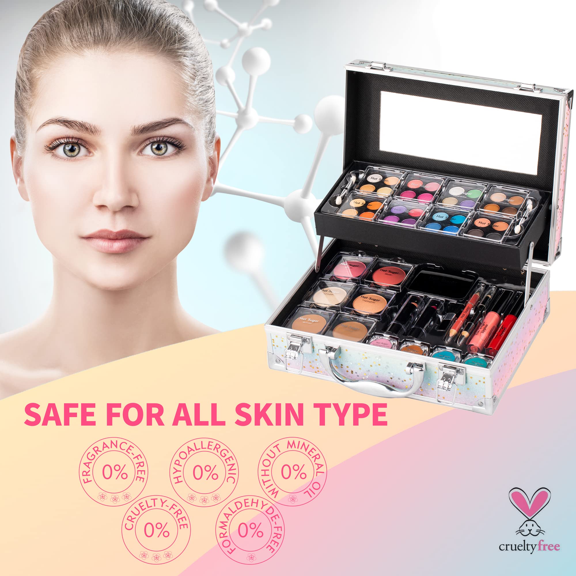 Hot Sugar Makeup Kit for Women Full Kit Teen Girls Starter Cosmetic Gift Set with Beautiful Rainbow Train Case Includes Pigmented Eyeshadow Palette Blush Lipstick Lip Pencil Eye Pencil (Rainbow)