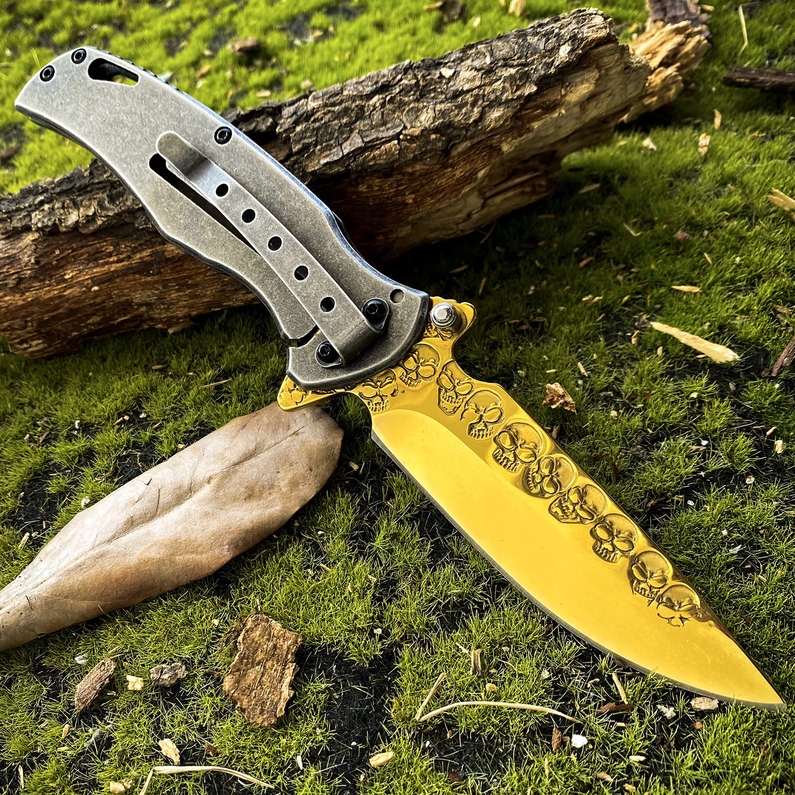HOLYEDGE 7.8-in Tactical Folding Pocket Knife with 3.3-in Gold Mirror Blade, 3D Skull Handle, with Pocket Clip, Liner Lock and Auxiliary Opening for Outdoor Camping Survival Knives