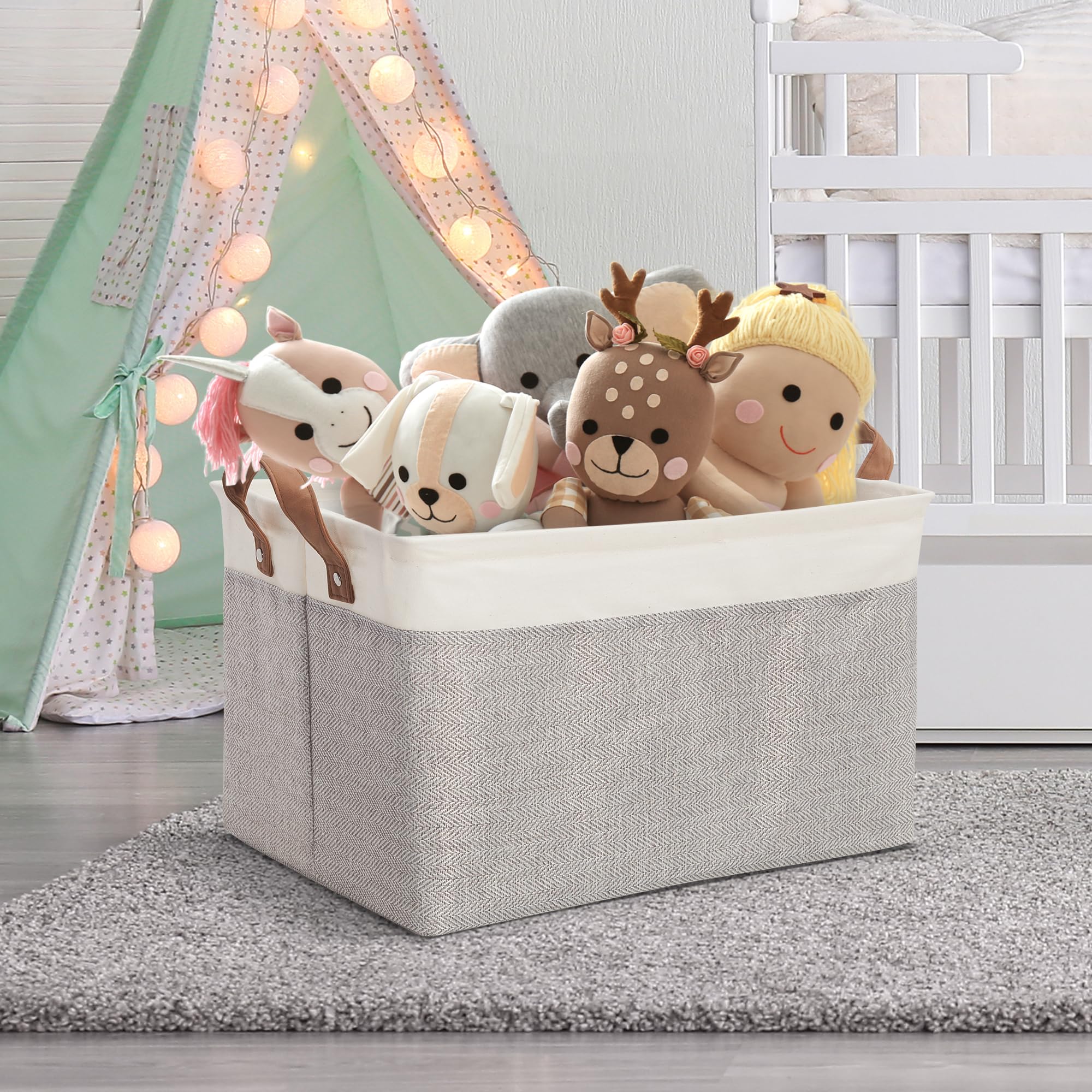 STORAGEIDEAS Storage Basket Bins with Metal Frame, Extra Large Collapsible Fabric Storage Baskets for Organizing Shelf, Basket Organizer W/Handles for Toys Towels, Laundry, Nursery, 2-Pack, White Grey