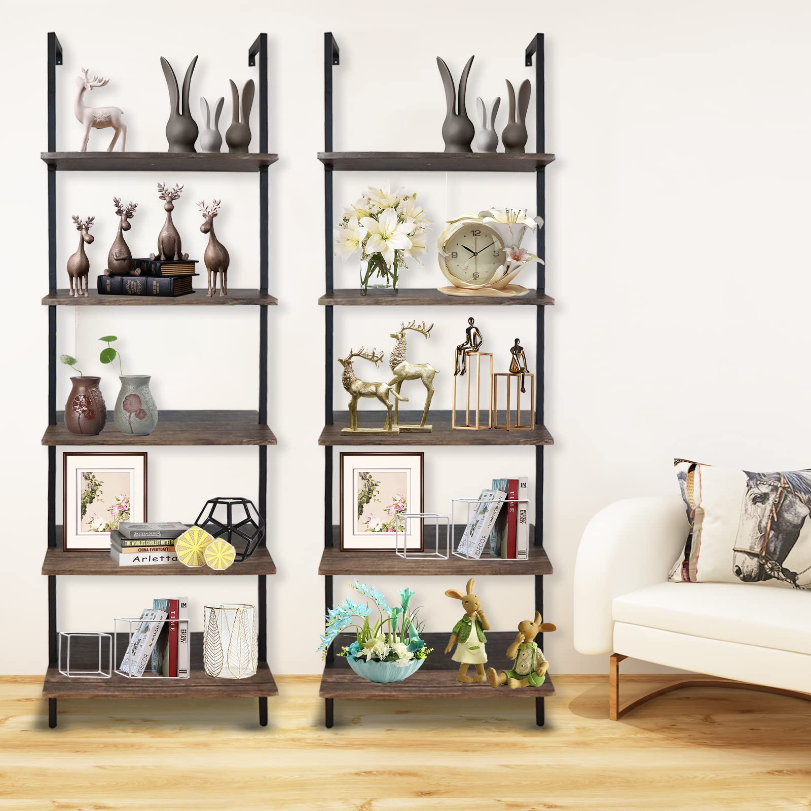 Wolawu 5 Tiers Ladder Shelf 2-Piece Black Modern Tall Bookshelf Open Large Tall Wall Mount Storage Bookcase Standing Leaning Wall Shelves Industrial Decorative