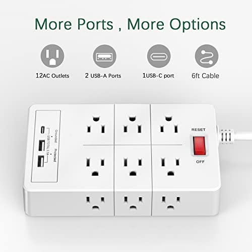 Power Strip with USB C - 12 Widely Outlets with 2 USB Charging Ports+1 USB C Total 3.1 A, 6 ft Long Heavy Duty Extension Cord,Overload Surge Protection, Surge Protector Wall Mount for Home (White)