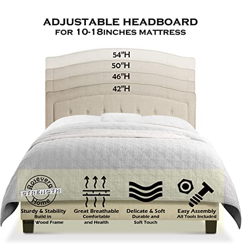 Rosevera Layla Panel Bed Frame with Adjustable Button-Tufted Headboard for Bedroom/Linen Upholstered/Wood Slat Support/Easy Assembly,Queen,Warm Beige