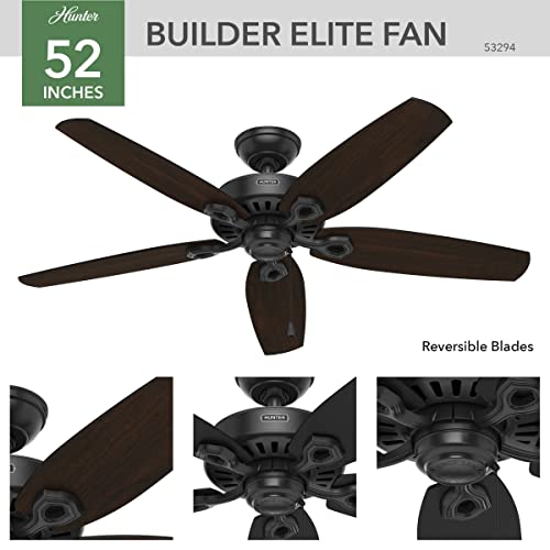 Hunter Fan Company 53294 Builder Elite Versatile Indoor/Outdoor 52 Inch Ceiling Fan without Light Fixture, Matte Black, 52"