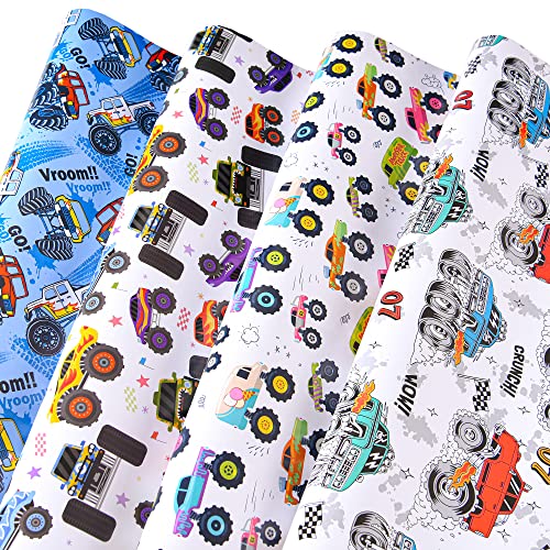 Titiweet Monster Truck Wrapping Paper for Boys Kids - Racing Wrapping Paper, 12 Sheets Car Wrapping Paper for Christmas Birthday Holiday, 20 x 28 Inches Per Sheet (Monster Truck(12 sheets))