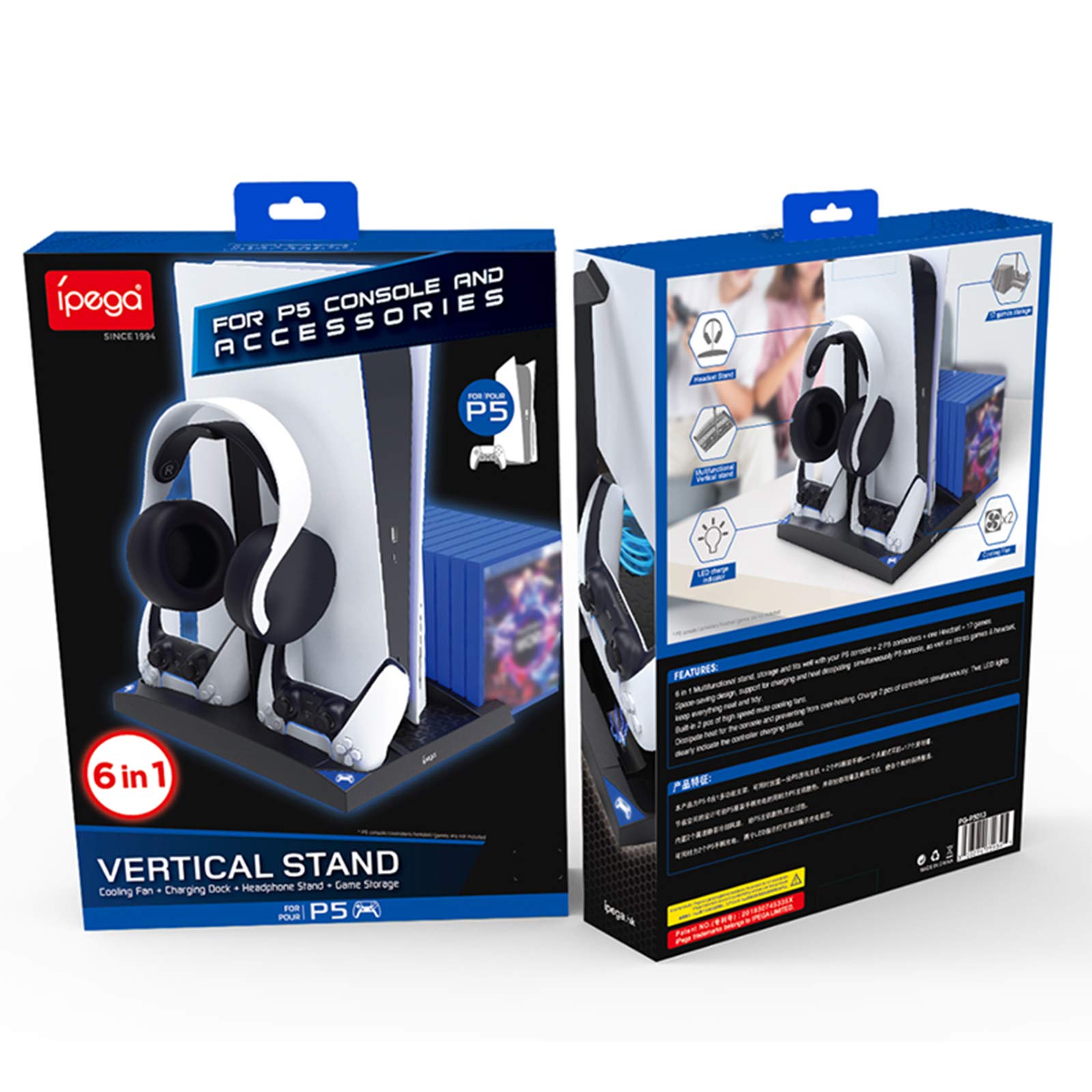 ipega PG-P5013 Cooling Fan Charging Station Dual Controller Charger with Cooling Fan Controller, LED Charging Base, Headset Stand, Game Card Storage, for PS5 Game Host Accessories