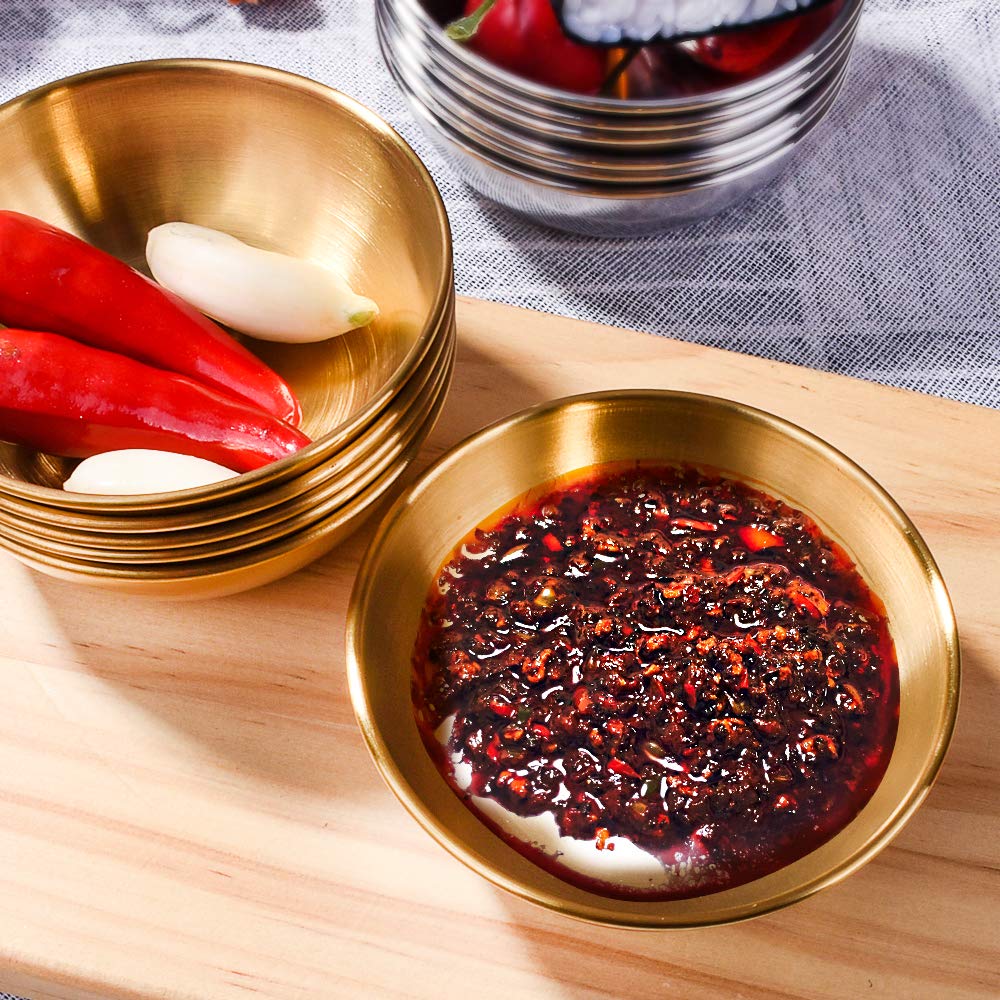 LMRLCS 6pcs Stainless Steel Soy Sauce Dishes, Round Seasoning Dishes, Sushi Dipping Saucers Bowl Mini Appetizer (Gold)