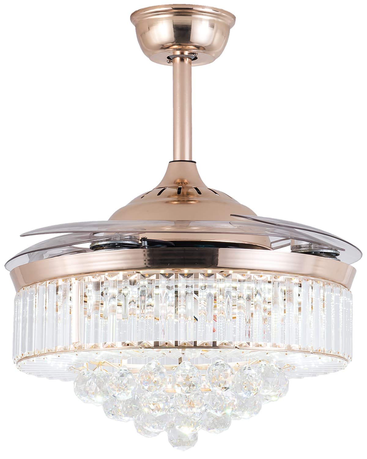 JVUJVCI Retractable Crystal Ceiling Fan with Light, Invisible Ceiling Chandelier Fan with Light and Remote, 3 Color Changes Lighting Silent LED Indoor Fans Gold (42 Inch)