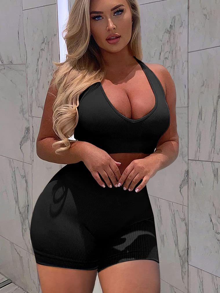 LNSK Women 3 Piece Workout Medium Support Seamless Crop Top Soft Ribbed Deep V Neck Yoga Sport Bra Black Hazeblue WineRed