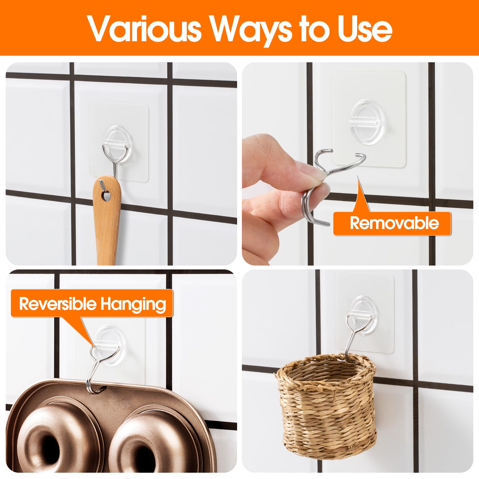 YSJNUS Adhesive Hooks Wall Hooks for Hanging Heavy Duty 22lb(Max), Waterproof and Rustproof Transparent Self Adhesive Hooks for Bathroom Kitchen Outdoor and Home Improvement -20 Pack