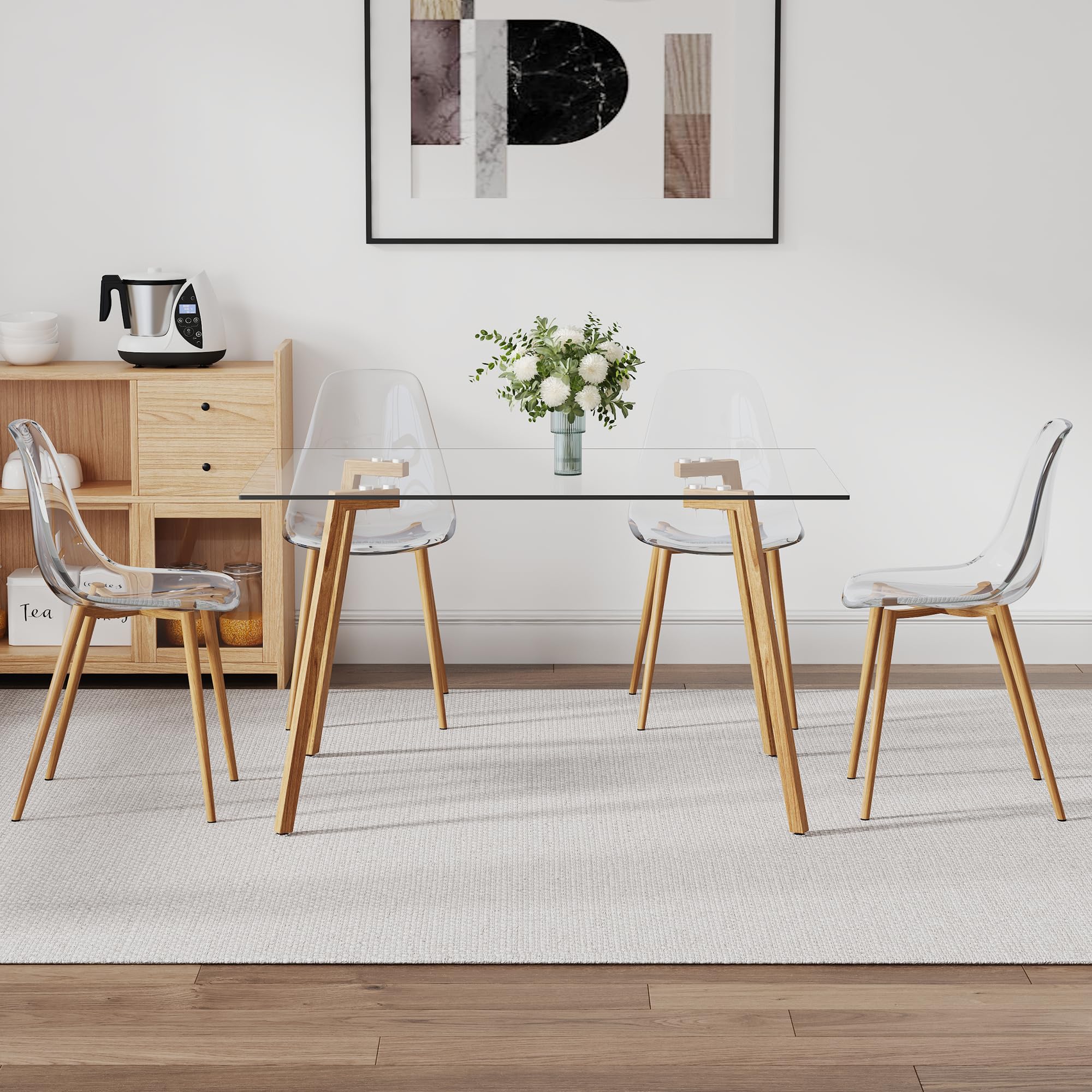 Henf Transparent Dining Table Set for 4 Persons,5-Piece Dining Table Set with 4 Plastic Chair for Kitchen Dinette,51'' Glass Dining Room Table and Chair Set,Breakfast Nook w/ 4 Chairs (Light Brown)