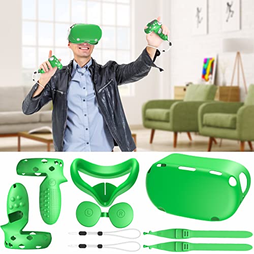 HUIUKE Touch Controller Grip Cover for Quest 2 with VR Shell Cover, Silicone VR Face Cover Pad and Lens Cover, 4 in 1 Silicone Cover Set for Quest 2 Accessories (Green)