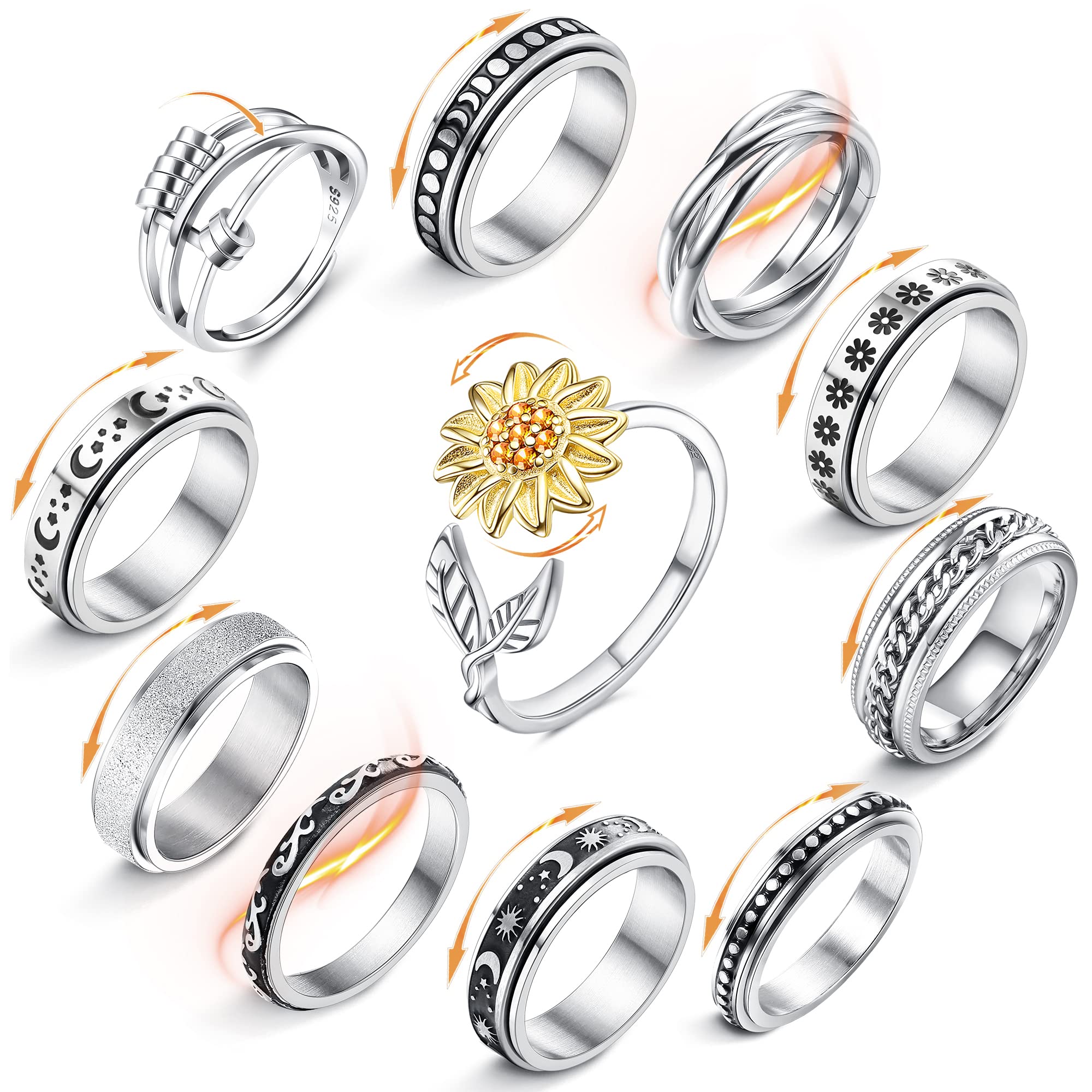 Magitaco 11Pcs Fidget Ring for Anxiety Stainless Steel Fidget Anxiety Rings for Women Men Moon Star Flower Spinner Rings for Anxiety Bead Stress Relief Spinning Stackable Ring Anxiety Ring