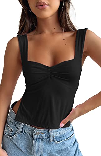 TiulZial Women's Sleeveless Backless Crop Tank Top Sexy Pleated Bustier Sweetheart Neck Strappy Y2K Slits Cropped Tops Black Crop Top,S